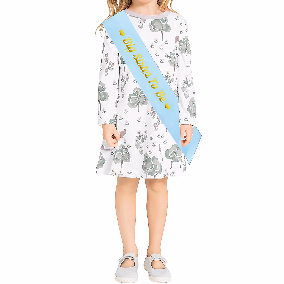 Big Sister to be Sash, Light Blue Satin with Gold Font with Heart, Best Baby Shower Decorations Gifts, Neutral Twins Children(Short Style)