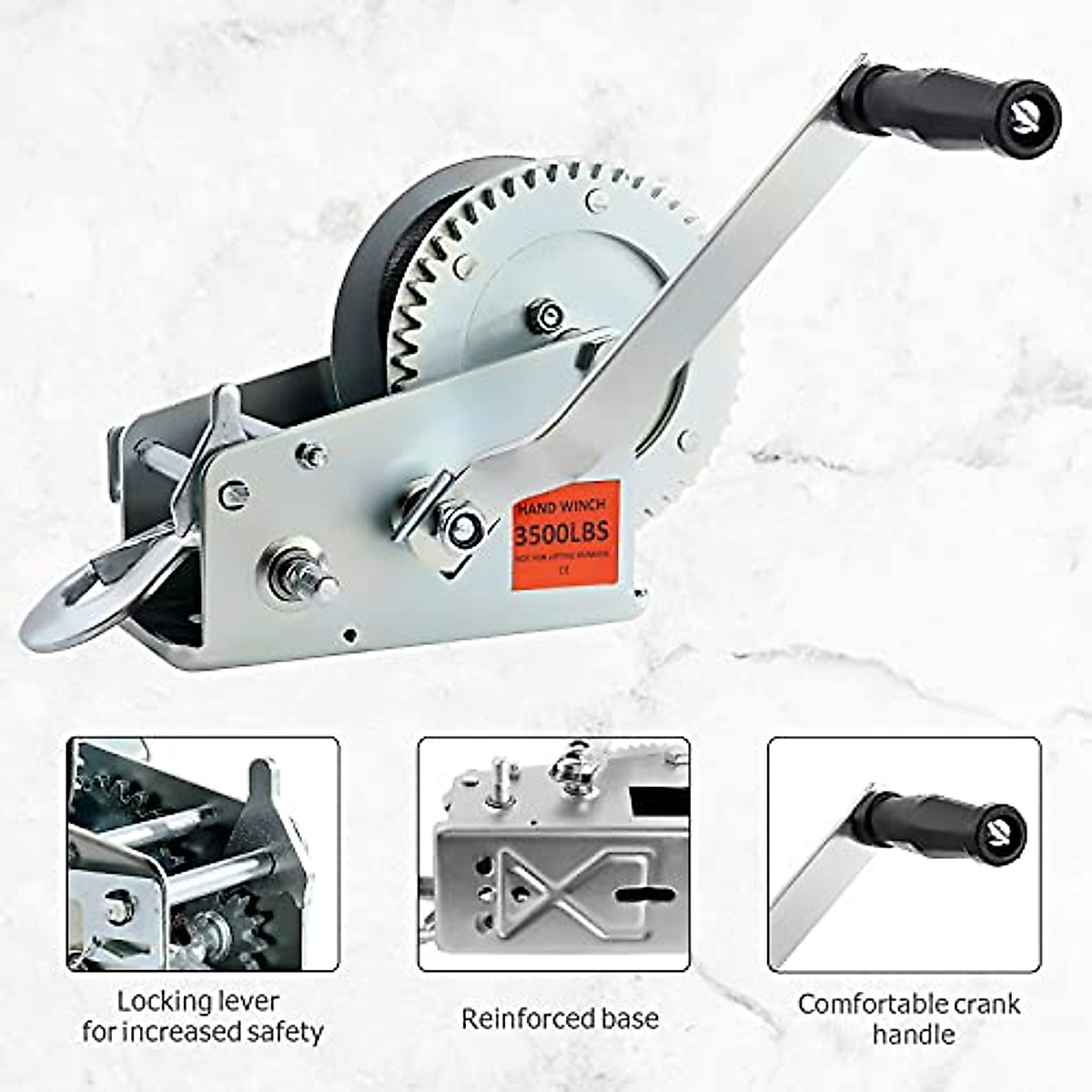 3500lbs Cable Crank Winch, AUXMART Boat Trailer Winch with 23 FT Strap and Hook, 2 Ways Heavy Duty Hand Winch for ATV, Trailer, Boat, Truck