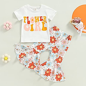 Toddler Baby Girl Outfit Letter Rainbow Short Sleeve T-Shirt Tops Flower Flared Pants Bell Bottoms 2Pcs Clothes Set 1-6Y (Orange C, 3-4 Years)