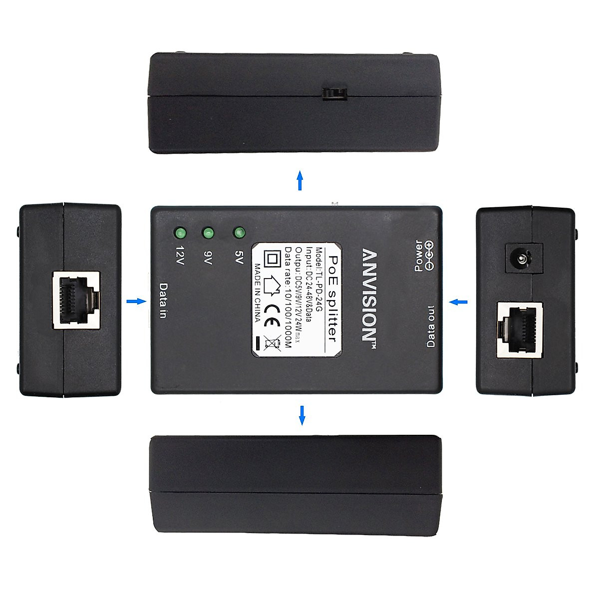ANVISION 2-Pack Active Gigabit PoE Splitter Adapter with Multi-Size Tips, IEEE 802.3af Compliant, up to 100 Meters (328 Feet), DC 5V/9V/12V Power Output for IP Camera AP Voip Phone and More