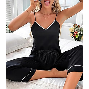 SWOMOG Womens Silk Satin Pajamas Set Two-Piece Pj Sets Cami Top and Capris Pants Sleepwear A-black