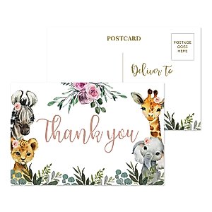 Yuansail Safari Baby Shower Thank You Postcards, Jungle Animal Floral Appreciation Post Cards, 25 cards – (bb002-ganxie)