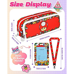 Trendy Fun for Large Pencil Case Big Capacity 3 Compartments Pencil Pouch Cute Cartoon Design Aesthetic Pen Bag with Zipper for Girls Teens Estuche para Lapices Sticker +Pen+ ID Badge Holder+Lanyard