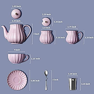 Amazingware Porcelain Tea Set - Tea Cup and Saucer Set Service for 6, with 28 oz Teapot Sugar Bowl Cream Pitcher Teaspoons and Tea Strainer - for Thanksgiving - Pumpkin Fluted Shape, Pink