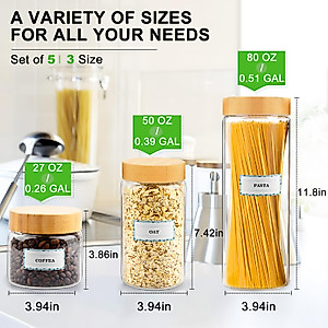 AISIPRIN Airtight Glass Jar with Lid, Glass Storage Containers with Screw On Bamboo Lids, for Cookie, Pasta, Cereal Storage Containers, 5Pcs 80oz 50oz 27oz Canisters Sets for the Kitchen