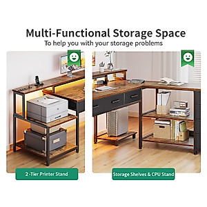 AODK 79" L Shaped Desk with 7 File Drawers, L Shaped Computer Desk with 2 Power Outlets & Monitor Shelf, Home Office Desk with Storage Shelves, Reversible Gaming Desk with LED Light, Vintage