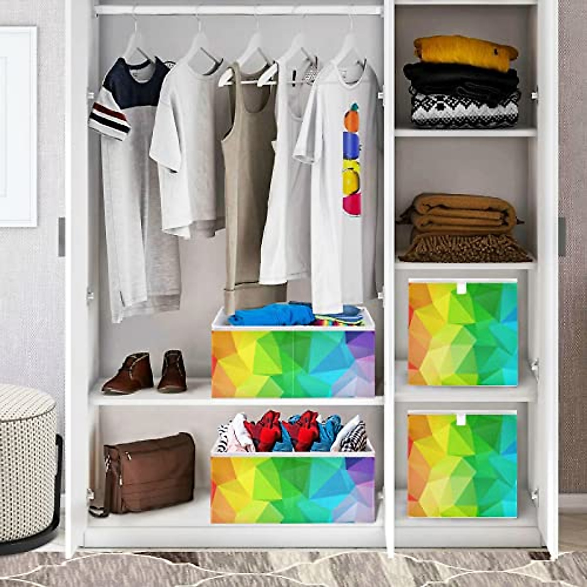 DOMIKING Rainbow Mosaic Branches Storage Bins for Gifts Foldable Cuboid Shelf Baskets with Sturdy Handle Linen Closet Organizers Boxes for Closet Shelves Bedroom