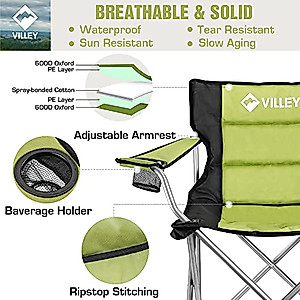 VILLEY Camping Chairs, Padded Folding Chair, Outdoor Portable High Camp Chair, Foldable Outside Arm Chair with Cup Holder & Carry Bag, Green