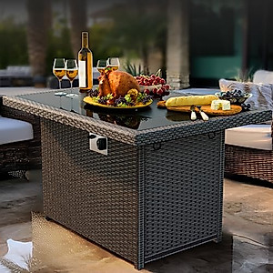 Yoyomax 44-Inch Black Glass Top Firepit Table 60,000 BTU Flame, Hand Weave Rattan, Aluminum Frame, Wind Guard, Waterproof Cover & Fire Beads, Outdoor Fire Table for Patio, Garden, Resto Hotel