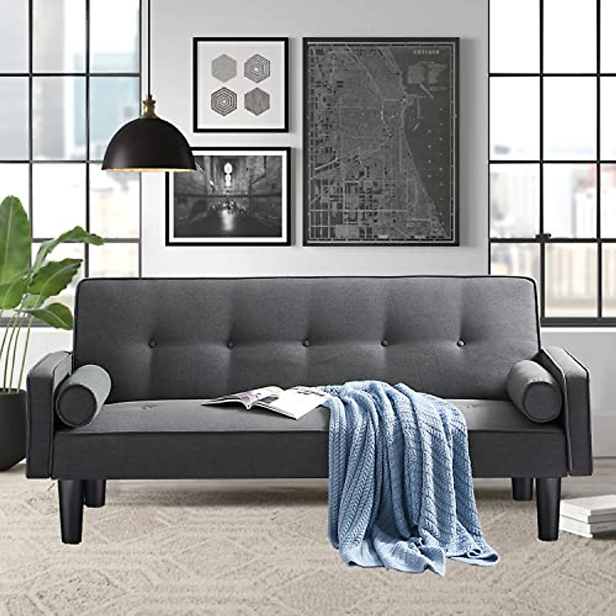 Hooseng Modern Futon Sofa Bed, Upholstered Convertible Folding Sofa Couch with 2 Bolster Pillows, Button Tufted Fabric Couch for Small Spaces, Living Room, Lounge, Apartment, Office, Blue