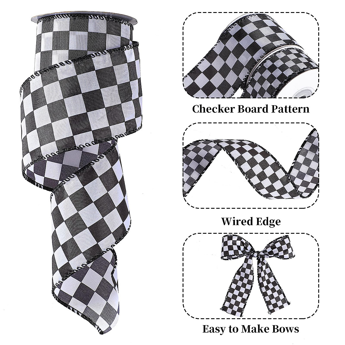 Geosar 2 Rolls Black and White Gingham Checked Ribbon Buffalo Plaid Ribbon Christmas Wrapping Ribbon for Bows, Wreath, Wrapping and Crafts (10 Yard/Roll)