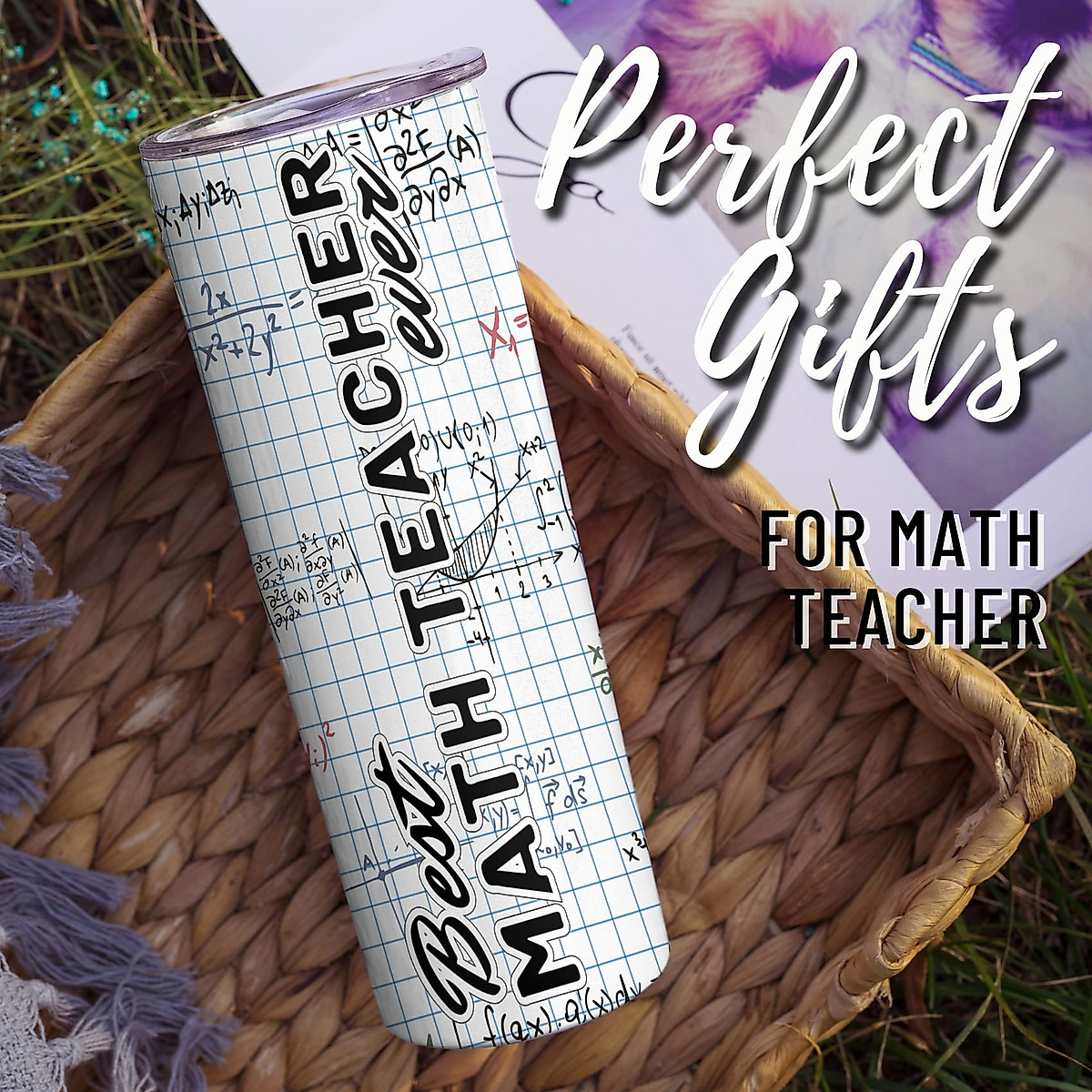 Onebttl Math Teacher Gift for Women Men, 20oz Stainless Tumblers with Lid and Straw, Math Teacher Gifts for Christmas, Birthday, Teacher Appreciation Day, Thanksgiving - Best Math Teacher Ever - White