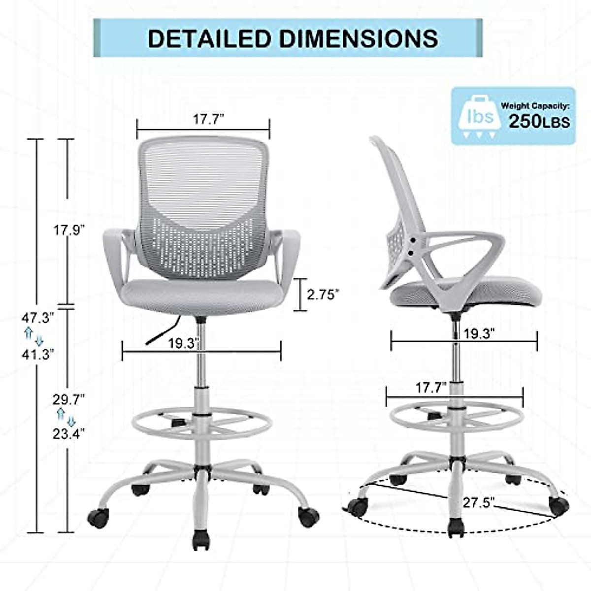 OLIXIS Ergonomic Tall Height Standing Mesh Desk Drafting Stool with Adjustable Foot Ring Computer Chair with Armrests for Home Office, Grey, Black