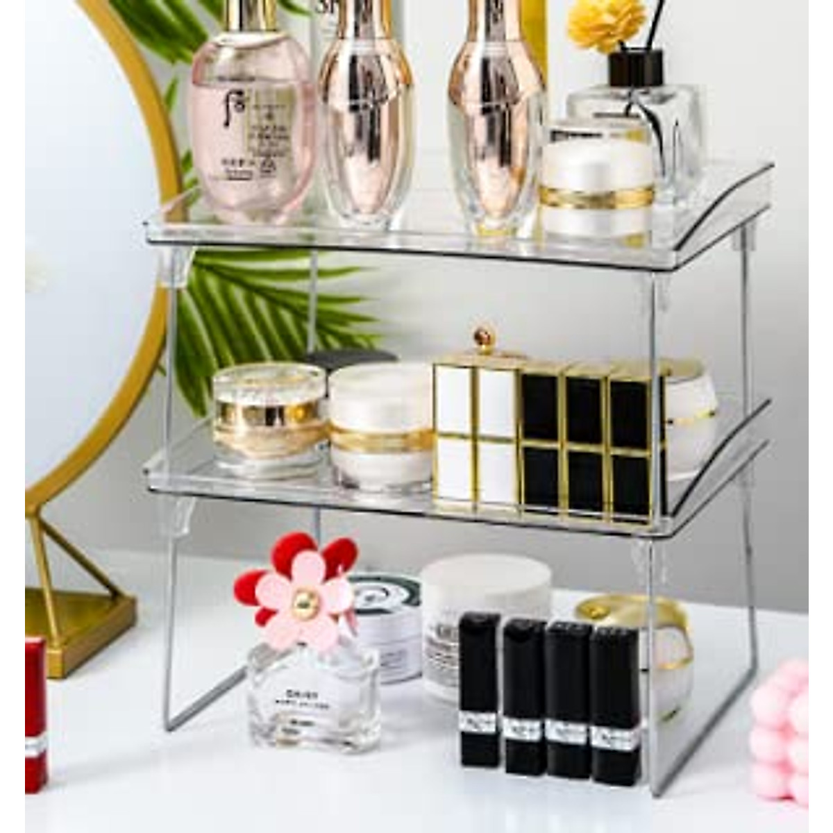 2 Tier Bathroom Countertop Organizer, Folding Stackable Clear Counter Standing Rack Cosmetic Holder Bathroom Counter Shelf Bathroom Trays for Counter Vanity Organizers and Storage Countertop Organizer