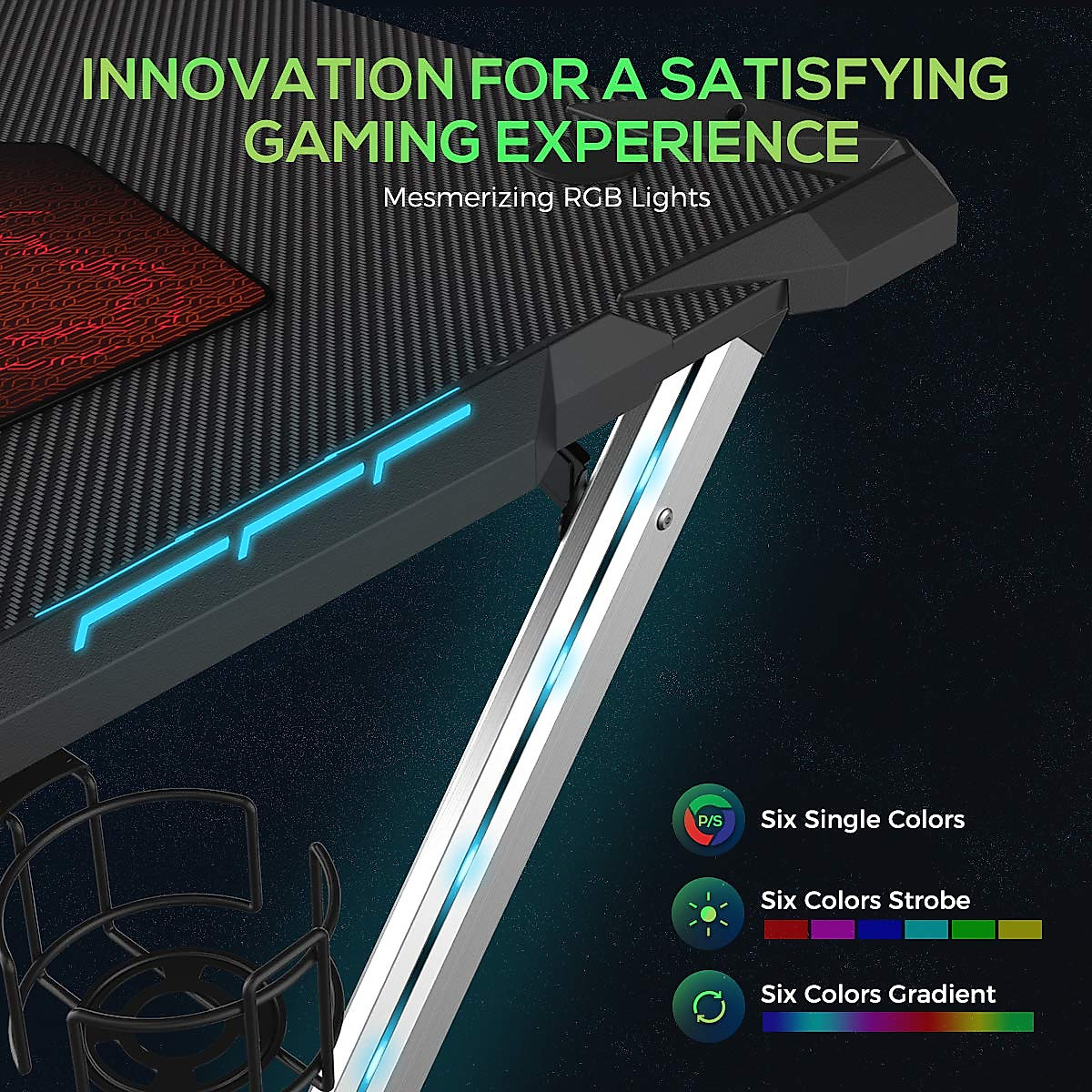 EUREKA ERGONOMIC Z1S PRO Gaming Computer Desk RGB LED Lights 44.5 inch Z Shaped Home Office PC Gaming Desks Table with Cup Holder Headset Hook & Mouse Pad, Sliver