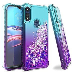 M MAIKEZI for Moto E 2020 case, Motorola Moto E Phone case with HD Screen Protector, Gradient Quicksand Glitter Bling Flowing Liquid Protective Cute Case for Motorola Moto E (2020) (Teal Purple)