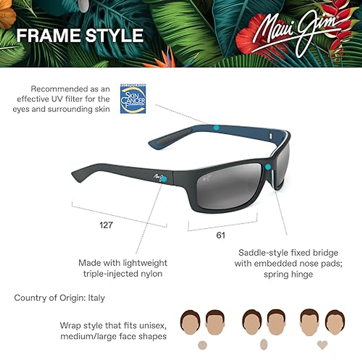 Maui Jim Men's and Women's Kanaio Coast Polarized Wrap Sunglasses, Matte Soft Black/White/Blue/Neutral Grey, Medium