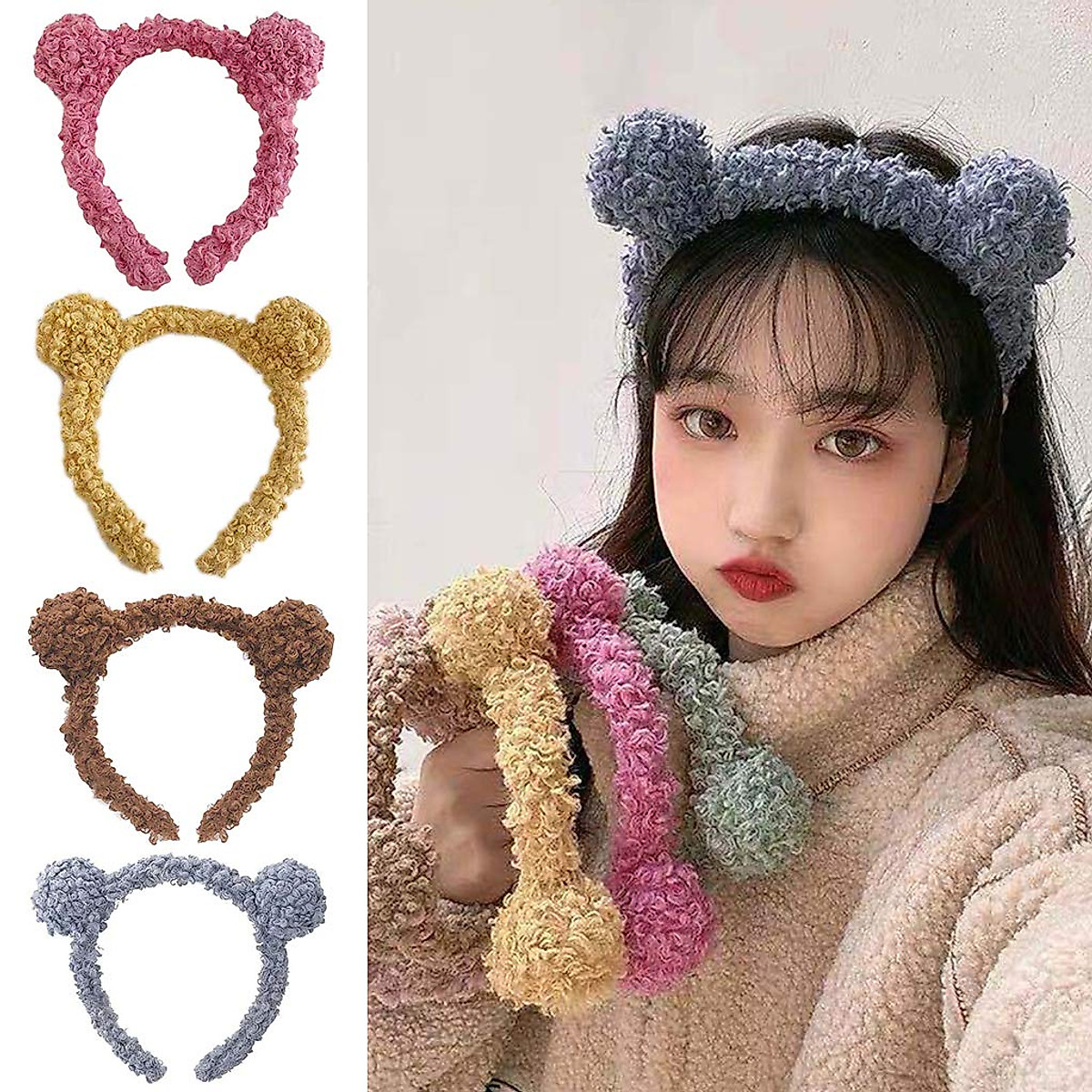 Fiarfiar Women Girls Winter Cute Bear Ears Headband Solid Color Curly Faux Fleece Hair Hoop Wash Face Makeup Bathroom Bandana Party Photo Props