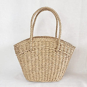 QTKJ Straw bags, Hand-woven Women Summer Retro Straw Tote Bag Pure Colour Straw Beach Shoulder Bag (Khaki)