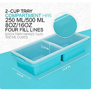 XOMOO Silicone Freezer Tray With Lid-Soup Freezer Container molds-2-cup Extra Large Ice Cube Tray-makes 4 perfect 500ml portions cubes, For freezing soup,stews,sauces.Oven&Dishwasher-Safe(2-Pack)