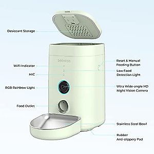 DOGNESS Automatic WiFi Dog/Cat Smart Camera Feeder - 6.5Lbs Large Capacity App Control Food Dispenser with WiFi, Portion Control, Voice Recording, Camera, Timer Programmable (4L Green)