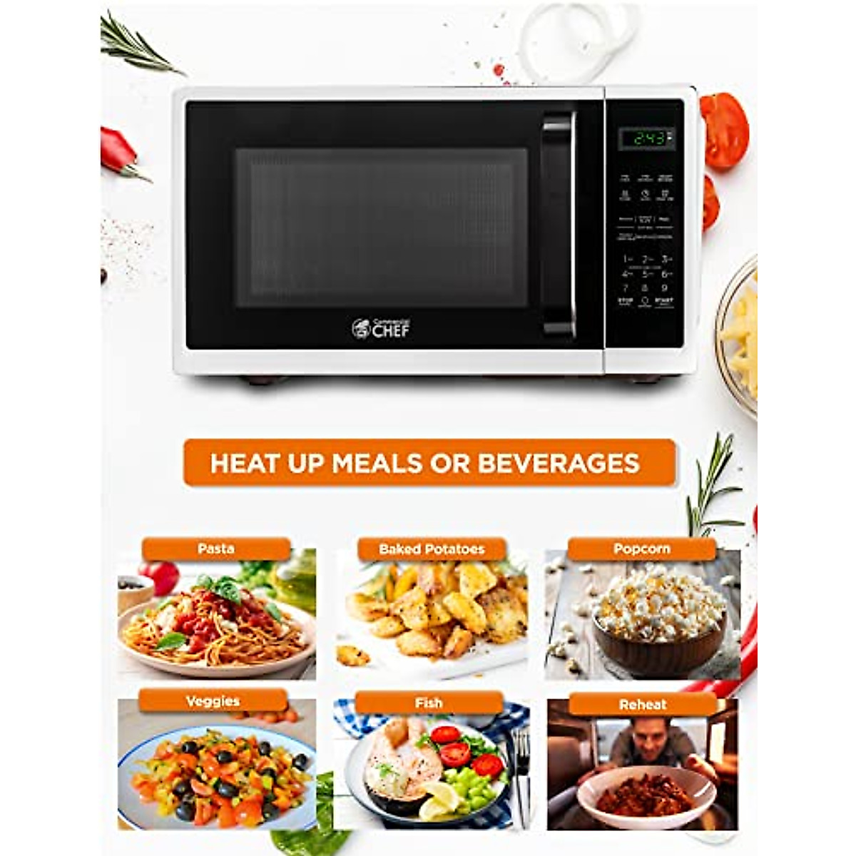 COMMERCIAL CHEF Small Microwave 0.9 Cu. Ft. Countertop Microwave with Digital Display, White Microwave & 10 Power Levels, Outstanding Portable Microwave with Convenient Pull Handle Door