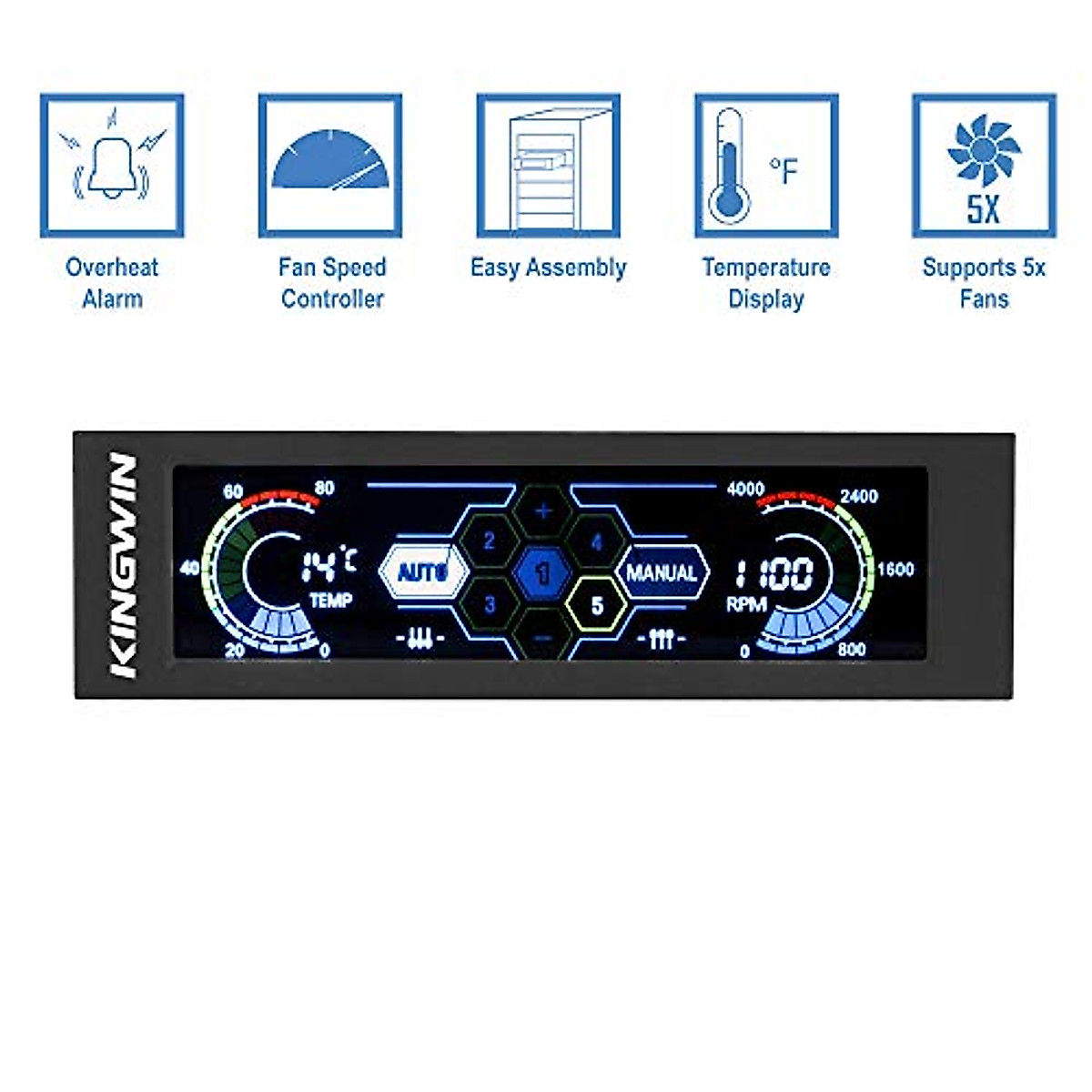 Kingwin FPX-007 Performance 5.25” Touchscreen LCD Fan Controller Cooling with Liquid Crystal Display Module. Features Temperature Monitor, RPM Display, and Fan Fail Alarm