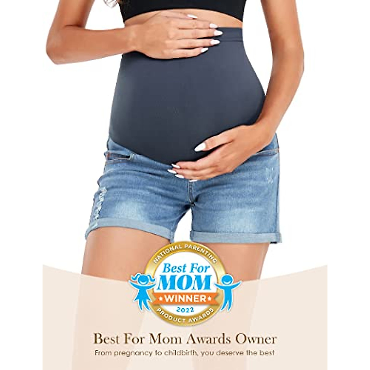 HOFISH Women's Over The Belly Maternity Shorts Support Pregnancy Shorts Breathable Jeans Shorts LightBlue+Black L