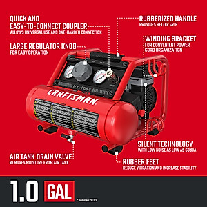 1 Gallon Ultra Quiet Air Compressor, CRAFTSMAN, Oil-Free 1/2 HP Max 125 PSI Horizontal Portable Air Compressor for Car Tires, Nail Gun and Pneumatic Tools