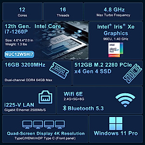 Intel NUC 12 NUC12WSHi7 Wall Street Canyon Mini Computer 12th Gen Intel Core i7-1260P, 12 Cores(4P+8E), 16 Threads, 18MB Intel Smart Cache, Intel Iris Xe Graphics,16GB RAM, 512GB PCIe SSD, Win 11 Pro