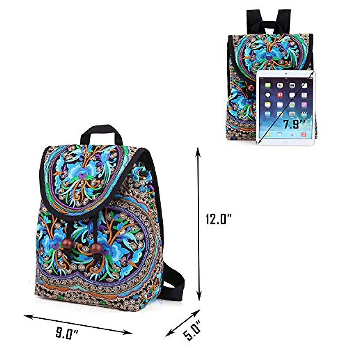 MAZEXY Handmade Embroidered Backpack for Women, Boho Shoulder Bag Vintage Ethnic Flower Cross-body Bag (Blue)