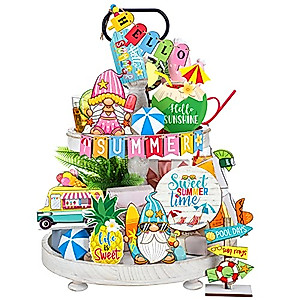 21 Pcs Summer Hawaii Tiered Tray Decor Sign Pool Summer Farmhouse Decor Rustic Beachy Decor Wooden Summer Home Decorations Including Gnome Beaded Garland for Home Kitchen Shelf Table (Hawaii Style)