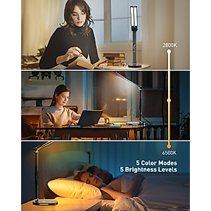 LED Desk Lamps for Home Office, Double Head Table Lamp with Wireless Charger, USB Charging Port, Clock, Alarm, Date, Temperature, Bedside Nightstand Light with Night Light for Bedroom Reading 14W