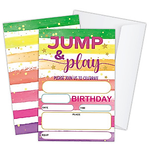 Jump Trampoline Party Birthday Invitations, Bounce House Party Invitations for Boys Girls Kids, Jumping Party Invitations, Jump Party Invites (20 Sets 4" x 6" Cards with Envelopes) - JY564