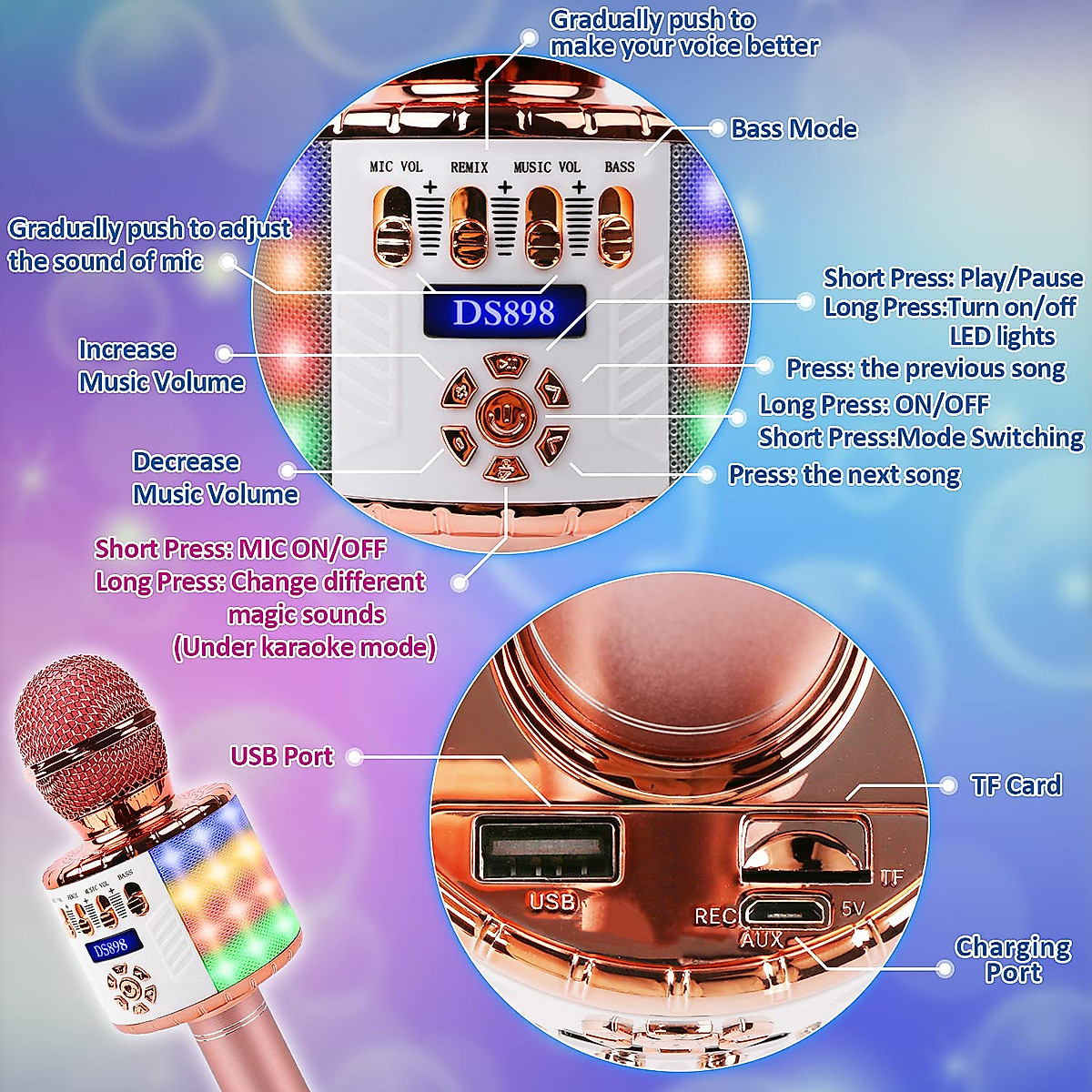 Bluetooth Karaoke Microphone Wireless Microphone for Kids Aldult with LED Lights,3in1 Portable Handheld Karaoke Mic Speaker Machine Birthday Home Party