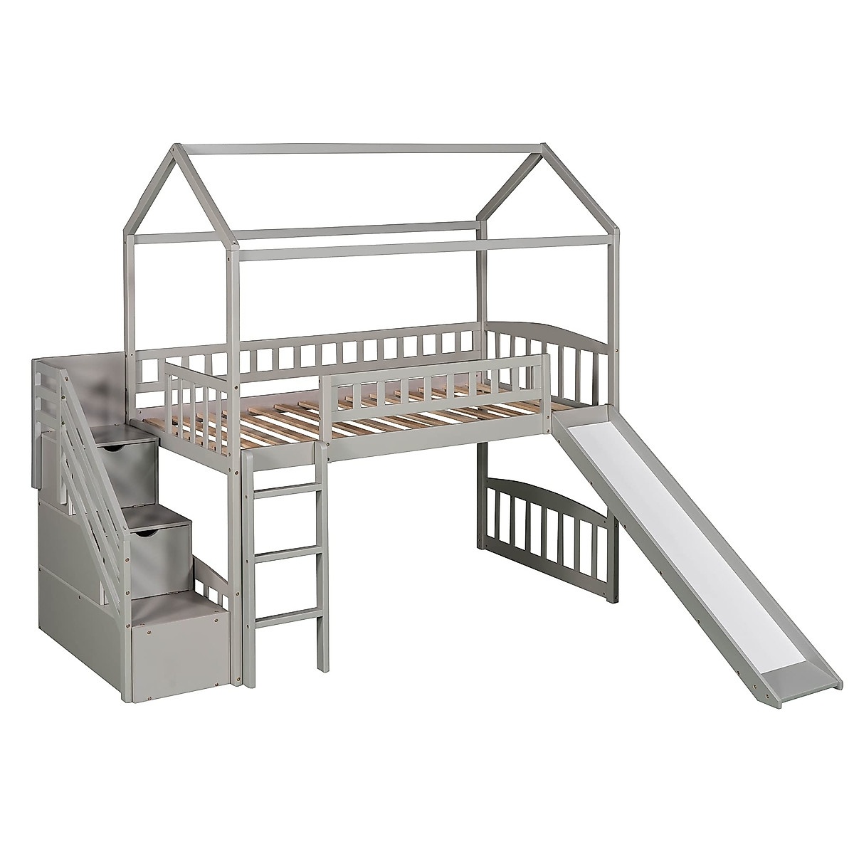 Harper & Bright Designs House Bed Loft Bed with Slide, Twin Loft Bed with Stairs and Storage, Wood Loft Bed Frame for Kids & Girls & Boys (Gray)