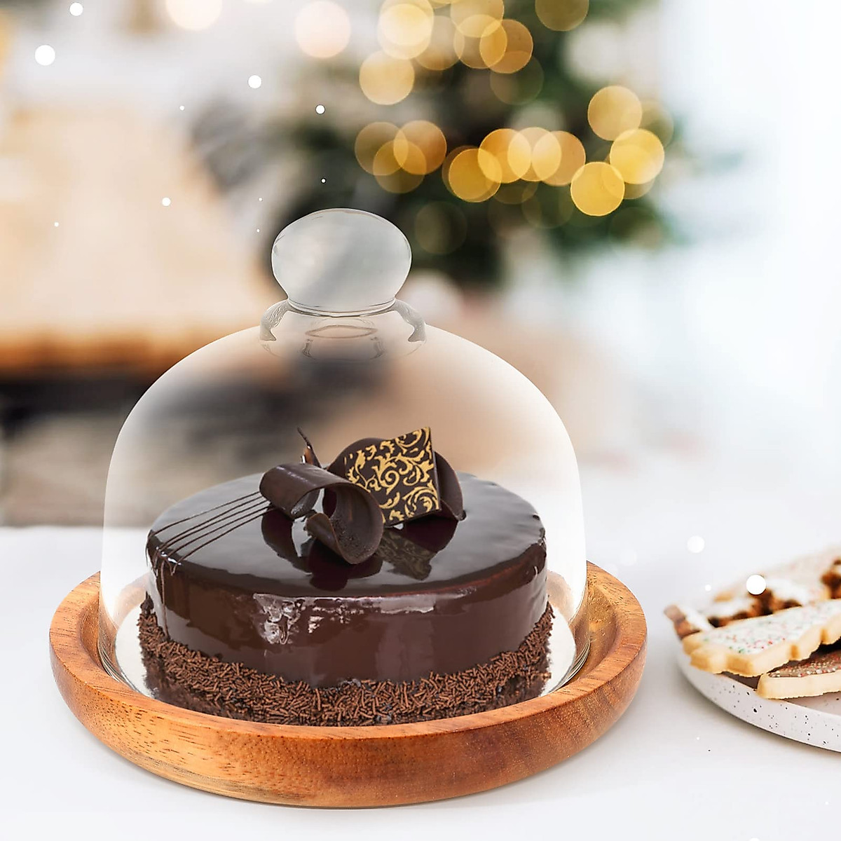 OUNONA Glass Cake Pan Cake Cover Wood Cake Stand with Dome Glass Cake Dome Cover Cheese Cloche Dome Glass Flower Cover Glass Cake Stand Dessert Display Cover Wooden Paper Cup Bracket
