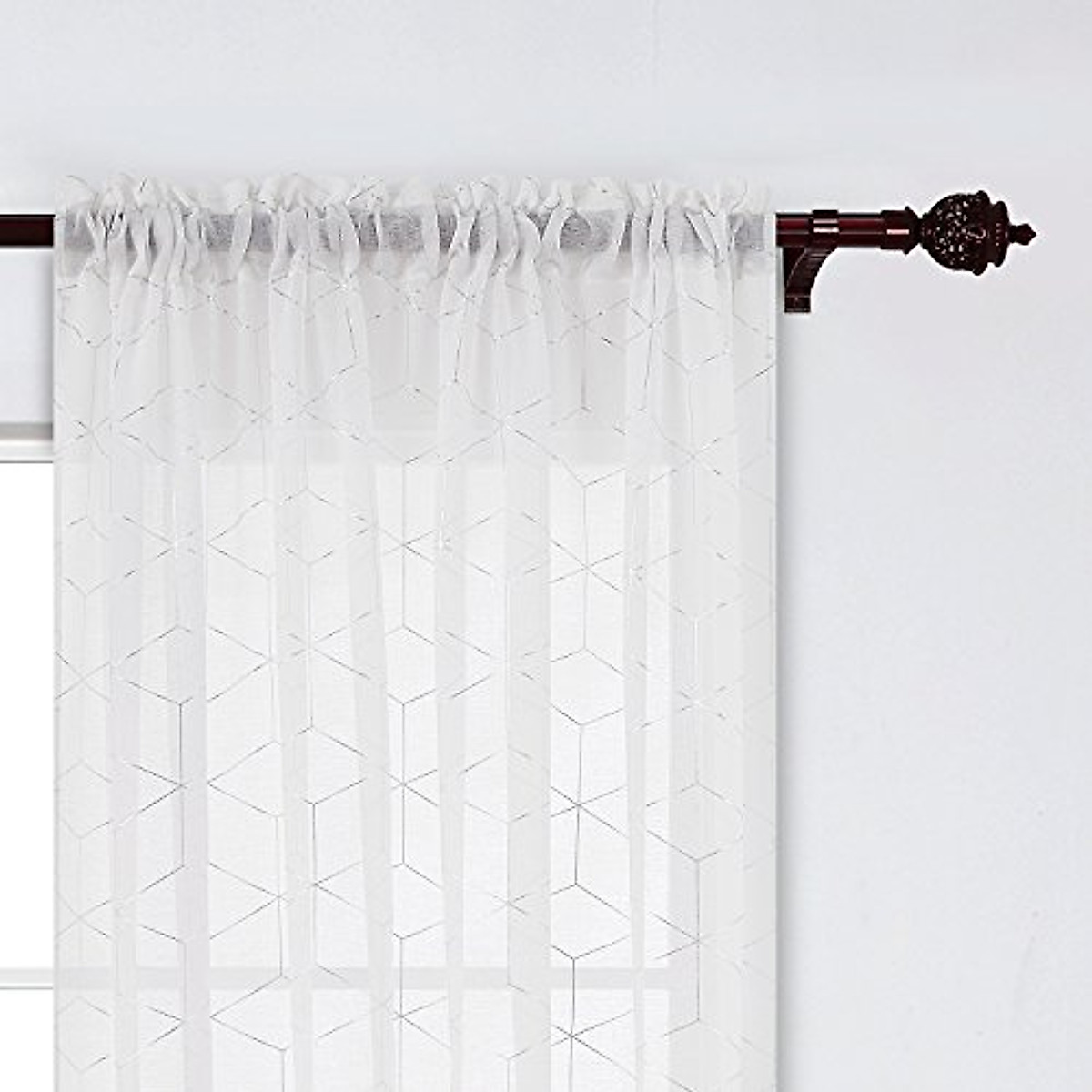 Deconovo Volie White Sheer Curtains Linen Look Diamond Window Panels Set of 2 for Bedroom, 52 x 63 Inch, Silver