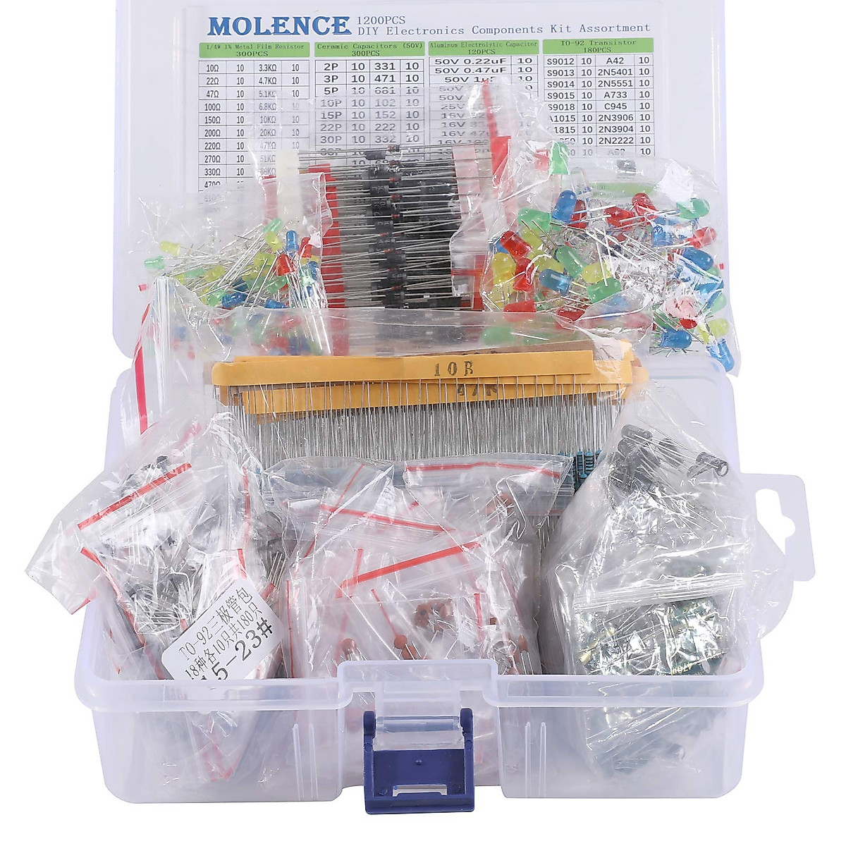 Molence DIY Electronics Components Kit Assortment 1200PCS, Diode, Triode, Metal Film Resistance, Aluminum Electrolytic Capacitor, Ceramic Chip Capacitor for Arduino UNO MEGA2560 Raspberry Pi MCU