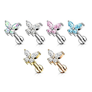 Dynamique CZ Butterfly Top On Internally Threaded 316L Surgical Steel Flat Back Studs For Labret, Monroe And Cartilage (Sold Per Piece)