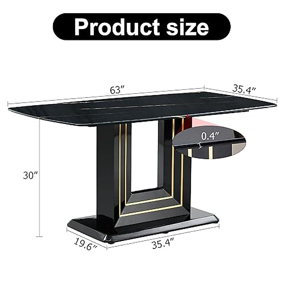 WOXYX Minimalist and Luxurious Dining Table with Black Imitation Marble Pattern Desktop. MDF tablelegs with Gold Lines and Base