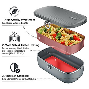Caperci Electric Lunch Box Food Heater, 30 oz Portable Food Warmer - 110V Faster Leakproof Heated Lunch Boxes for Adults with Stainless Steel Container for Travel, Office, Home (Gray)