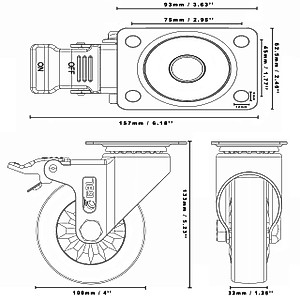 GBL 4" Heavy Duty Caster Wheels with 2 Brakes + Bolts and Nuts - up to 1320Lbs - Set of 4 No Floor Marks Silent Castor for Furniture - Trolley Pallet Swivel Wheels - Silver Casters