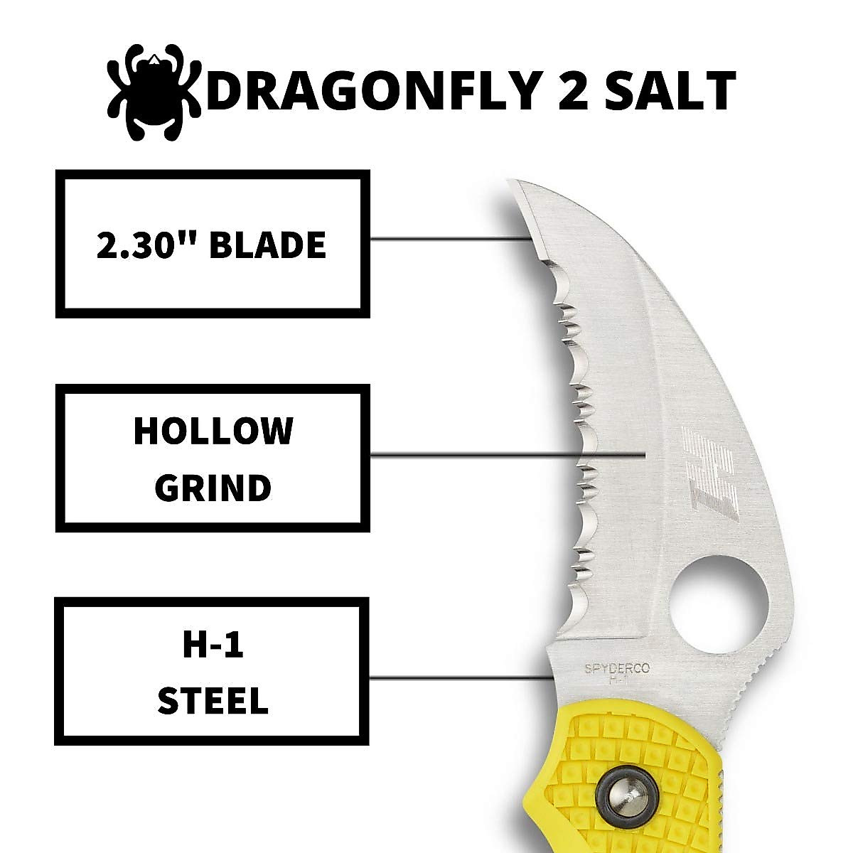 Spyderco Dragonfly 2 Lightweight Salt Knife with 1.97" H-1 Hawkbill Steel Blade and High-Strength Yellow FRN Handle - SpyderEdge - C28SYL2HB