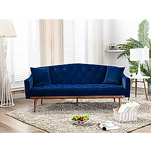 SLEERWAY Velvet Futon Sofa Bed with Two Pillows, Modern Sleeper Sofa Couch with 3 Adjustable Angles, Convertible Loveseat for Living Room and Bedroom, Blue
