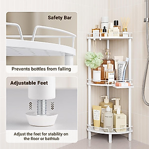 ELYKEN Corner Shower Caddy Standing, 3 Tier Rustproof Metal Shower Organizer with Soap Holder, Floor Shower Corner Shelf Rack Storage Stands with Adjustable Feet & 2 Hooks for Bathroom, White