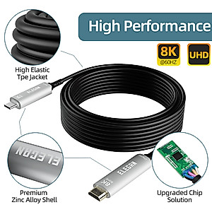 Elecan 8K Fiber Optic USB C to HDMI Cable 50 Ft, 8K@60Hz 4K@120Hz, HDR, Active Optical USB 3.1 Type-C to HDMI 2.1 Cord Compatible Thunderbolt 3/4 for Galaxy MacBook Pro/Air iPad Pro Surface Dell HP