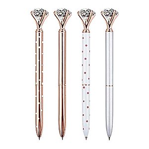 ZZTX 4 PCS Big Crystal Diamond Ballpoint Pen Bling Metal Ballpoint Pen Office Supplies, Rose Gold/Silver/White With Rose Polka Dots/Rose Gold With White Polka Dots, Includes 4 Pen Refills