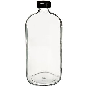 JG Finneran D0149-32 Clear Borosilicate Glass Standard Boston Round Bottle with Black Phenolic Closure, PE Cone Lined, 33-400mm Cap Size, 32oz Capacity (Pack of 12)