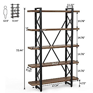 LITTLE TREE 5 Tier Bookcase, Solid Wood 5-Shelf Industrial Style Bookcases and Book Shelves, Metal and Wood Free Vintage Bookshelf (Wood)